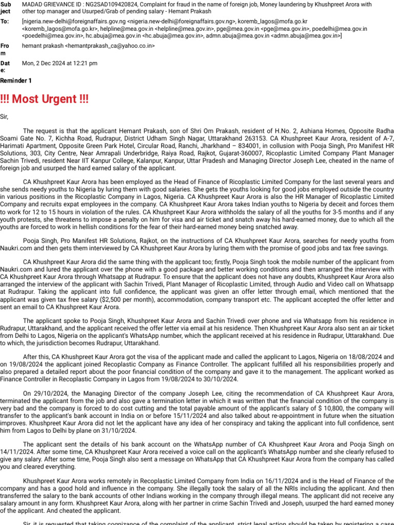 Yahoo Mail document_ MADAD GRIEVANCE ID _ NG2SAD109420824, Complaint for fraud in the name of ...