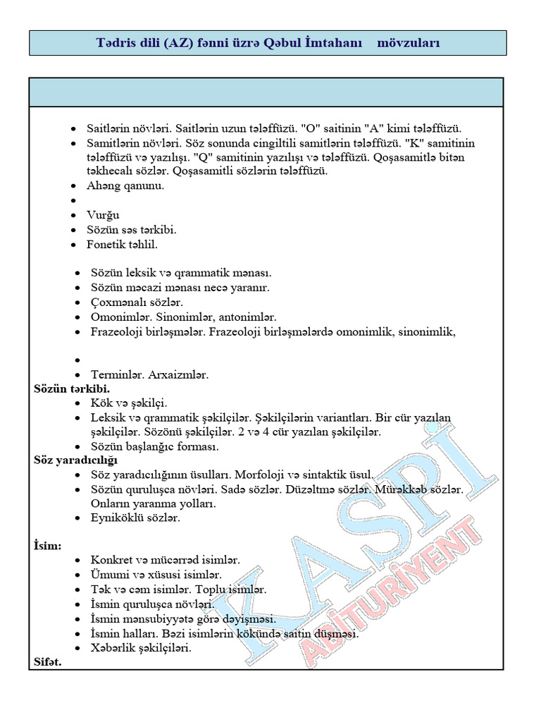 Qəbul Mövzu - 2024.04.28 - Tədris Dili (AZE) | PDF