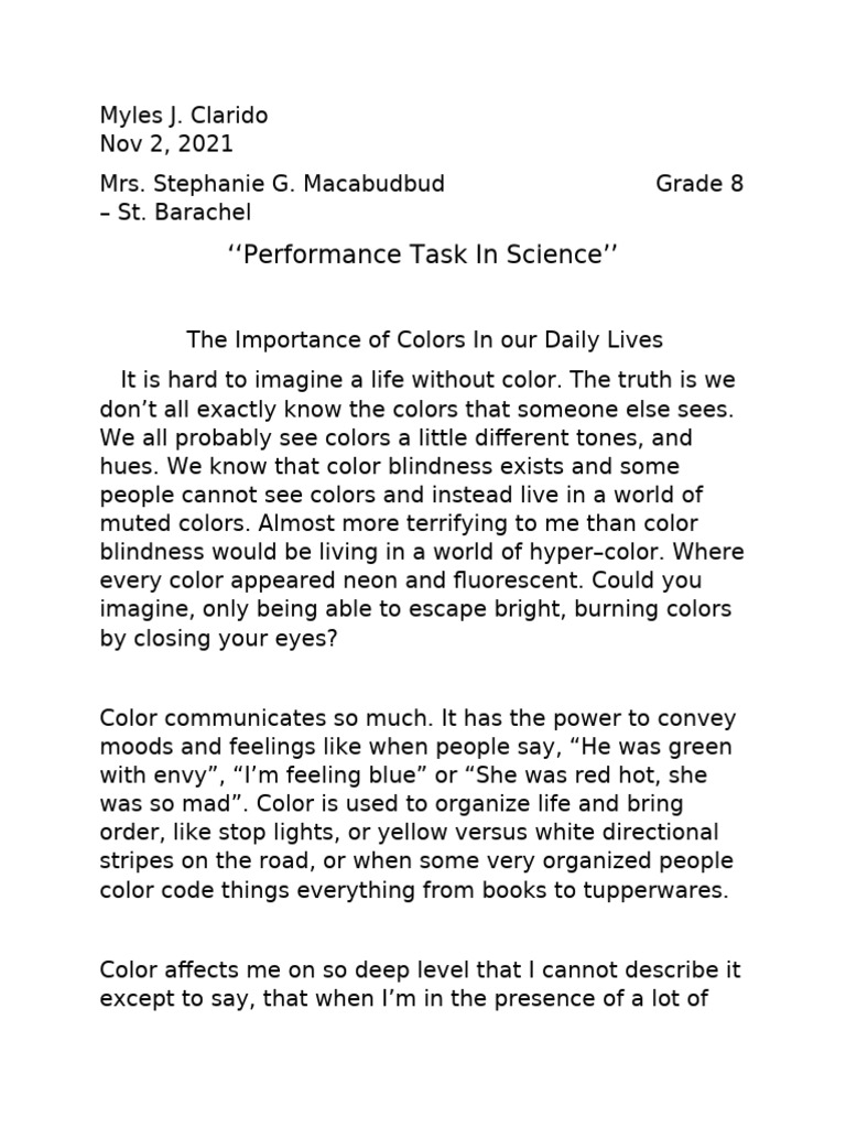 Performance Task in Science. Color Essay | PDF
