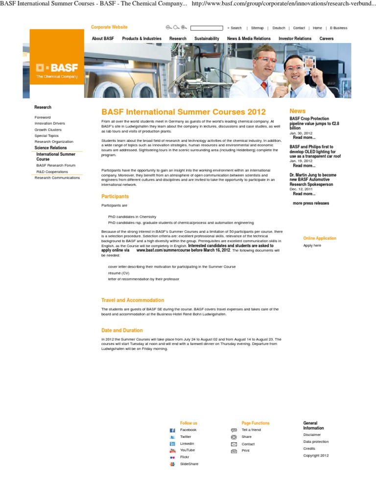 BASF International Summer Courses - BASF - The Chemical Company ...