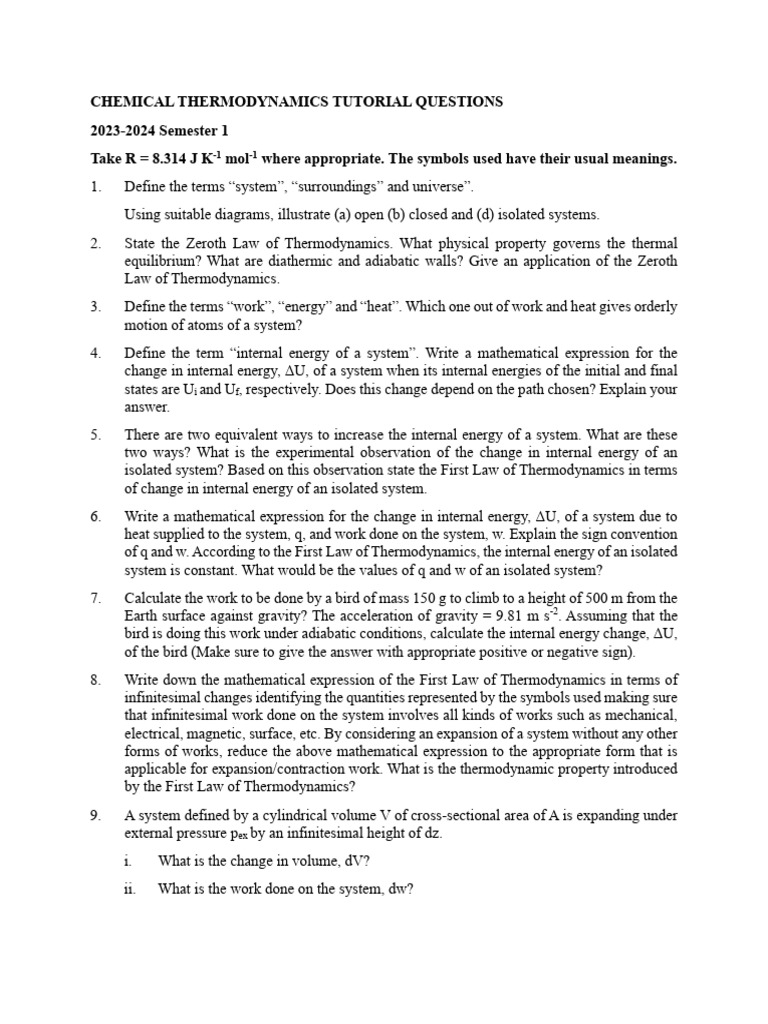Thermodynamics Tutorial | PDF | Entropy | Chemical Equilibrium