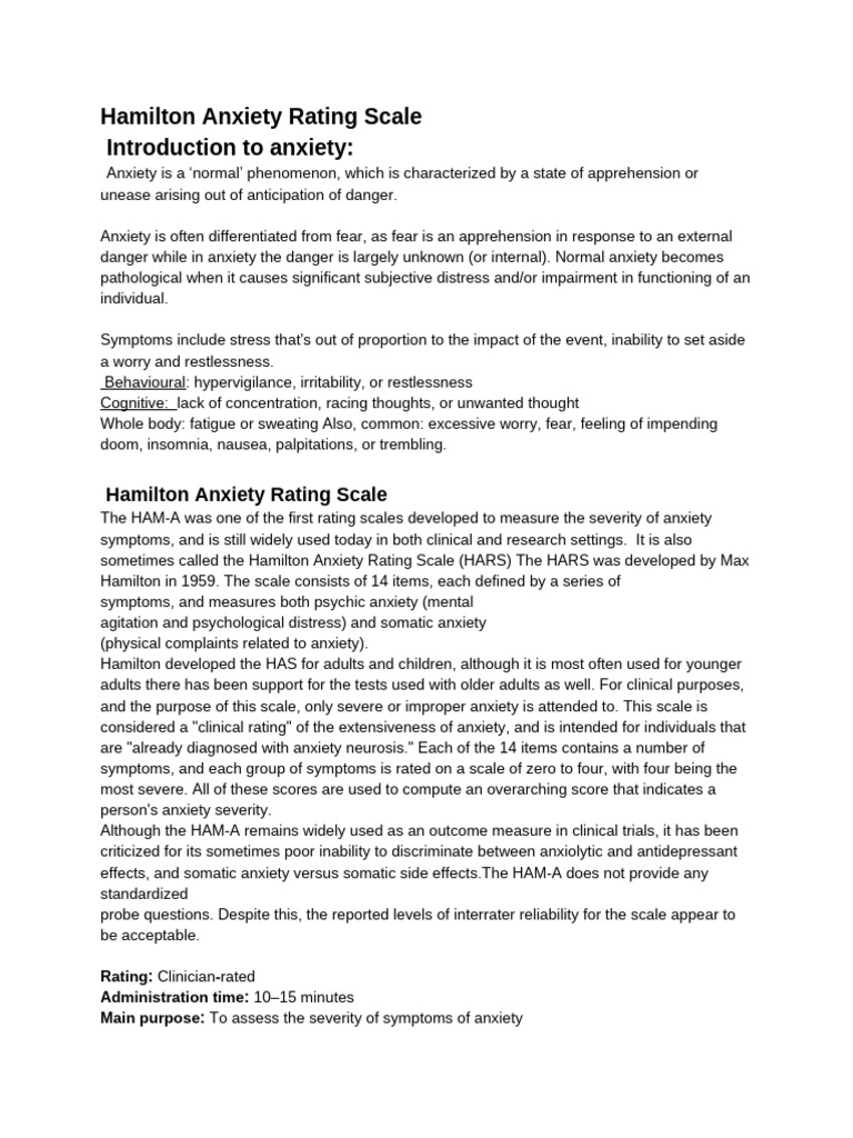 Hamilton Anxiety Rating Scale Overview | PDF | Anxiety | Fear