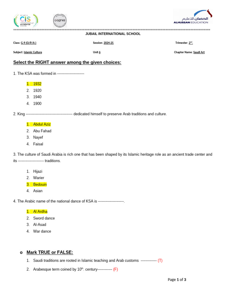 Quiz 3 Saudi Art-Qs-MCQs G-9 answer key | PDF | Saudi Arabia | Arabs