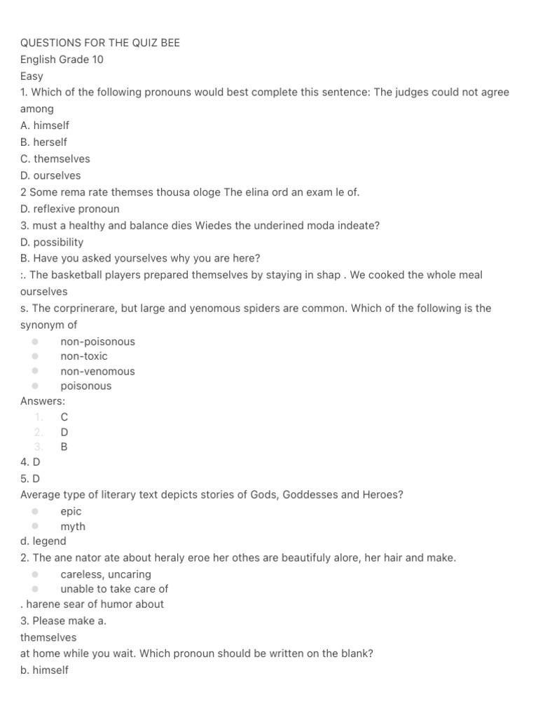 GRD10 ENG QUIZ BEE QUESTIONS | PDF