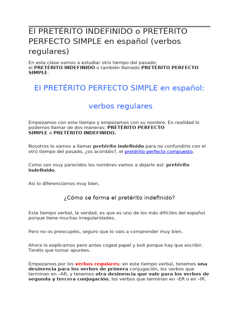 Uso del Pretérito Indefinido en Español | PDF | Verbo | Conjugación ...