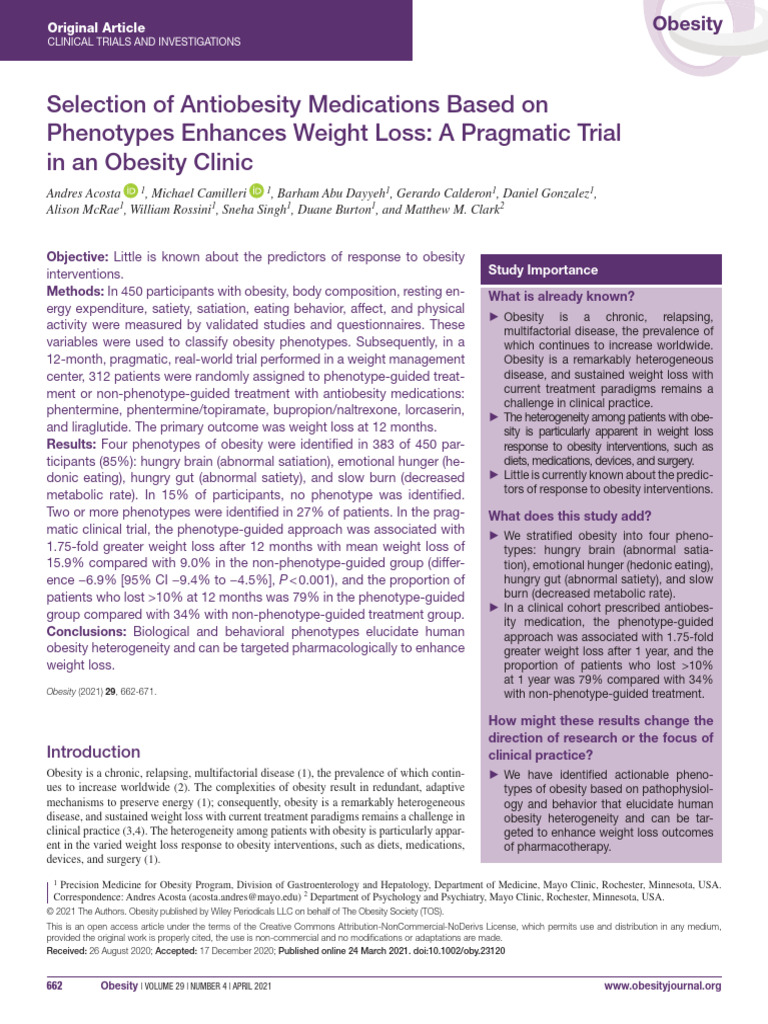 Obesity - 2021 - Acosta - Selection of Antiobesity Medications Based On ...