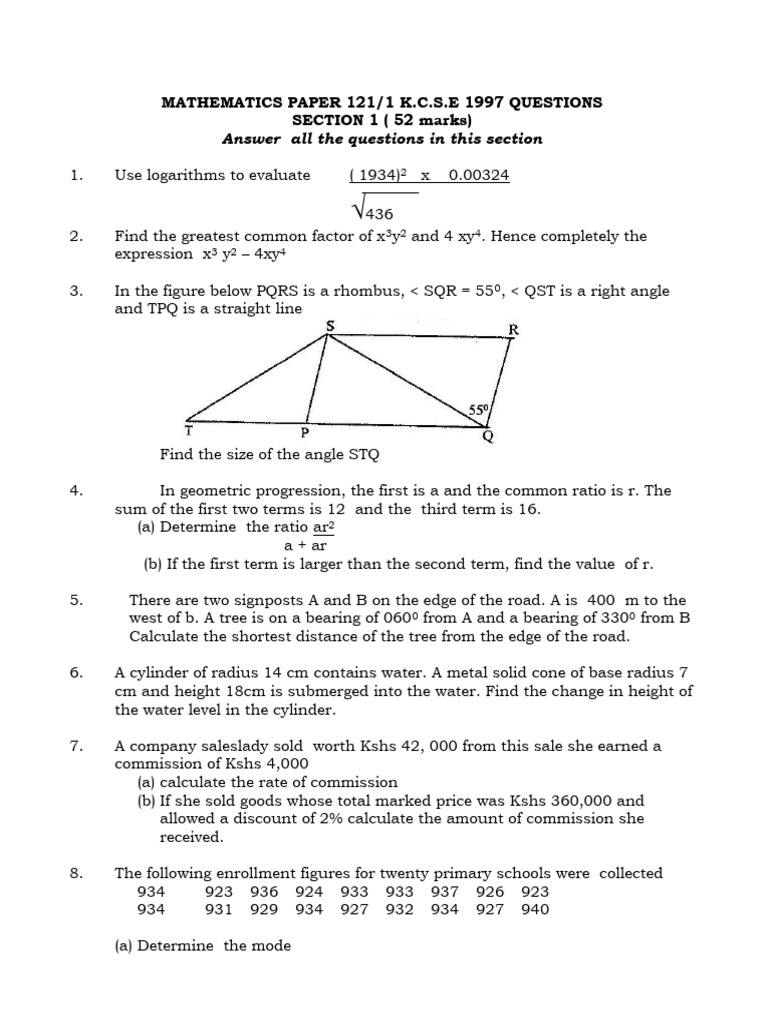 KCSE-1997-MATHEMATICS-QUESTIONS | PDF | Mathematics