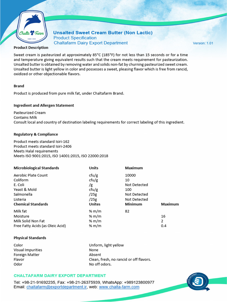 Product Specification Full - ChaltaFarm Unsalted Sweet Cream Butter - Ver2.01-1 | PDF | Butter ...