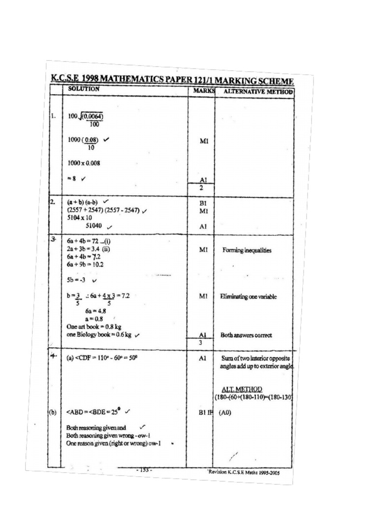 1998 Kcse Mathematics Paper 1 Answers 1 | PDF