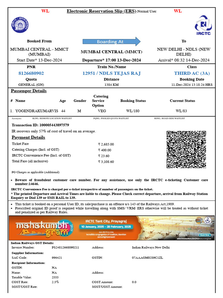 irctc ticket | PDF | Identity Document | Payments