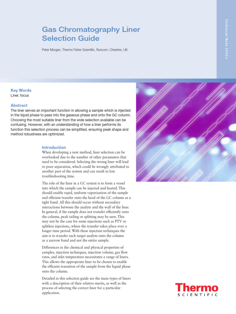 Liner Selection Guide For GC Thermo | PDF | Gas Chromatography | Chemistry