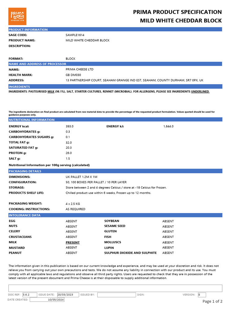 Mild White Cheddar Block Spec | PDF | Cheddar Cheese | Nutrition Facts ...
