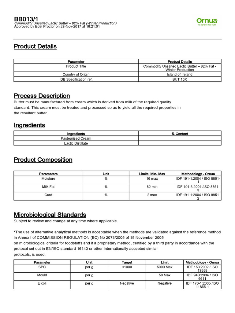 Unsalted Lactic Butter 82% Fat Details | PDF | Cream | Butter