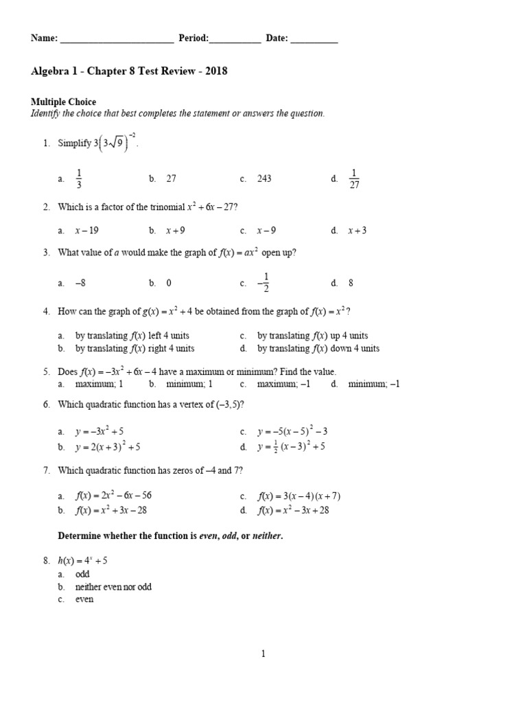 Algebra 1 - Chapter 8 Test Review - 2018 PDF | PDF | Vertex (Graph ...
