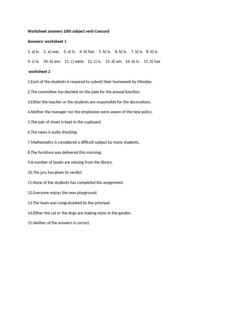 Worksheet Answer 10th Subject Verb WPS Office | PDF