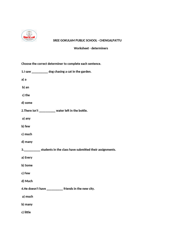 Determiners Worksheet 1 | PDF