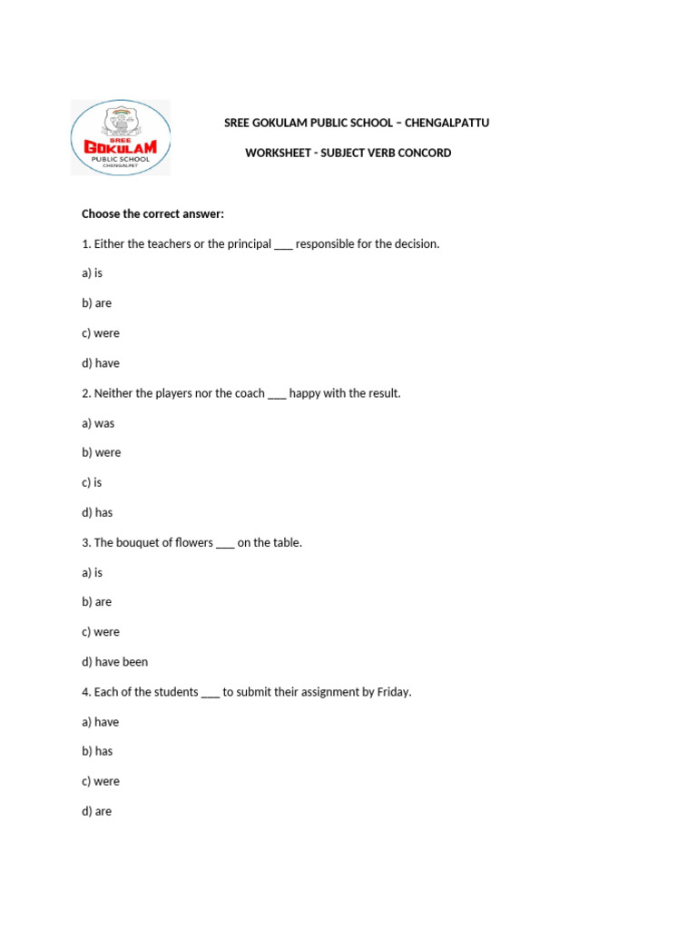 Subject Verb Concord Worksheet 1 | PDF