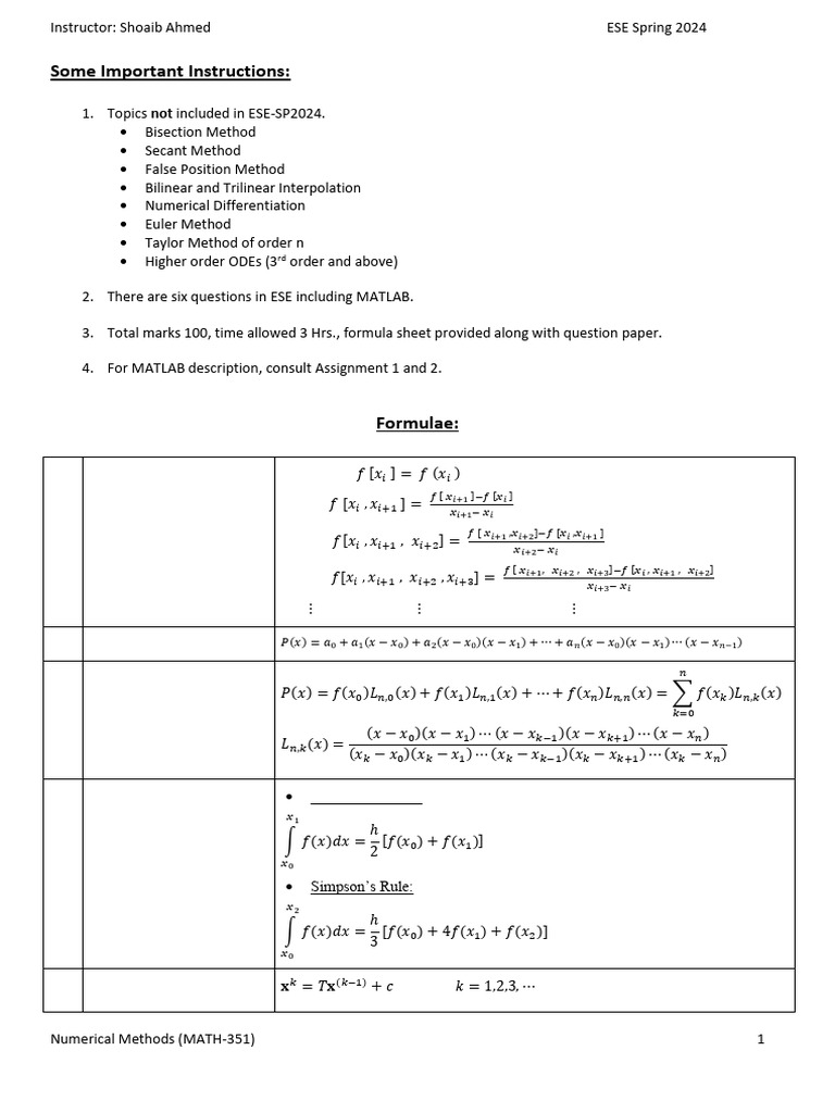 FS and Instructions NM-SP2024 | PDF | Numerical Analysis | Finite Difference