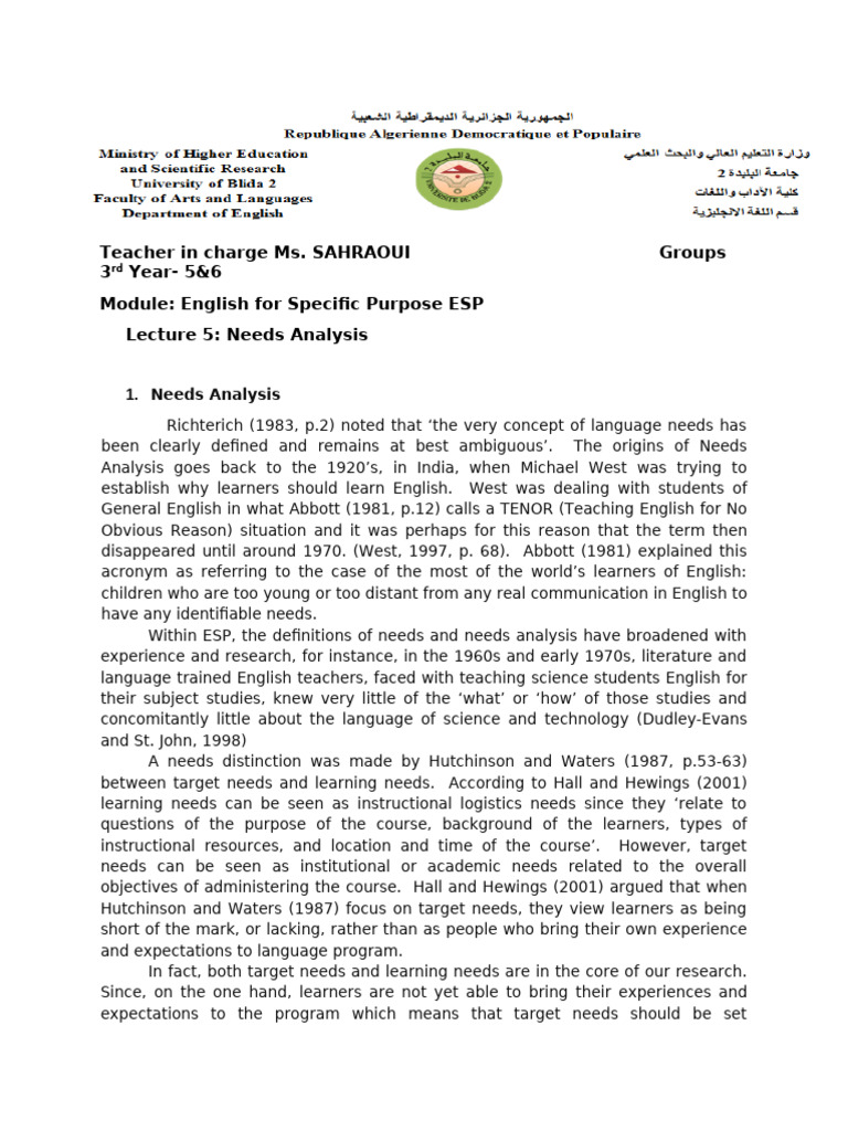 Needs Analysis | PDF | Learning | Learning Styles