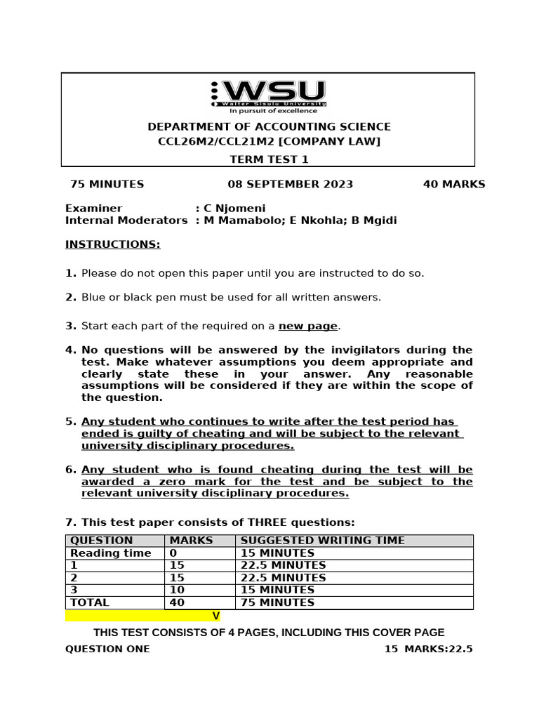 CCL Term Test 1 - 2023 - Question Paper - Final | PDF | Limited ...