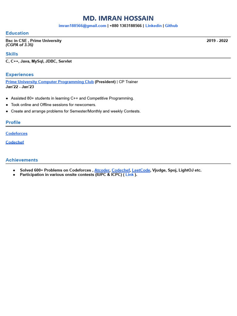 Md. Imran Hossain Resume | PDF Md. Imran Hossain Resume | PDF