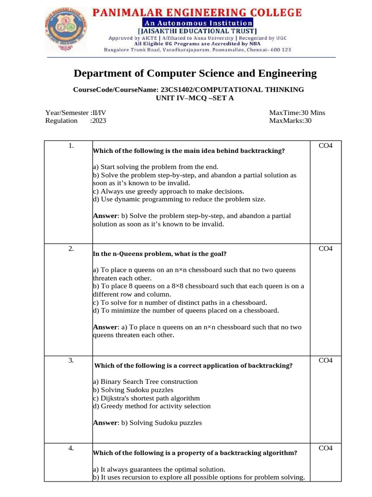 Computational Thinking QP Unit Iv | PDF | Dynamic Programming | Time Complexity