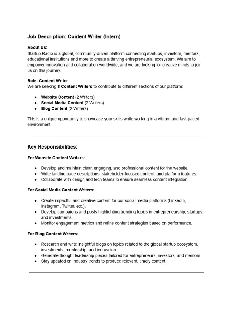 Content Writer - JD | PDF | Entrepreneurship | Startup Company