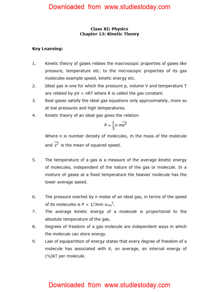 CBSE Class XI Physics Chap 13 - KINETIC THEORY - Basics | PDF | Gases ...