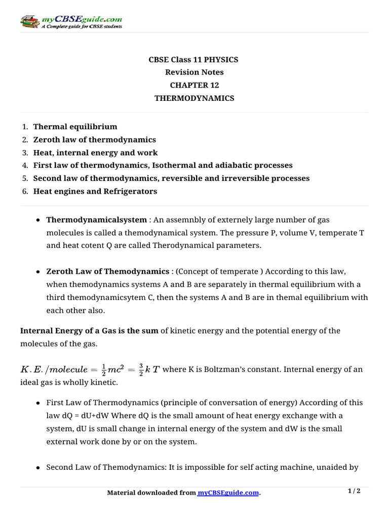 CBSE Class 11 Physics Thermodynamics Notes | PDF