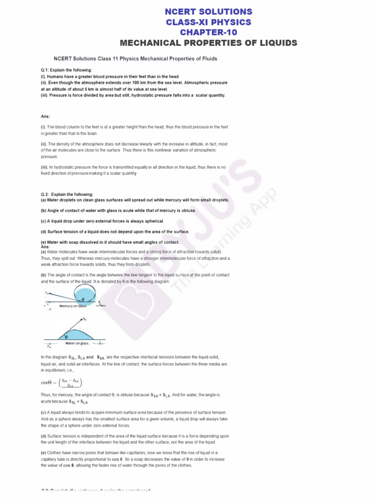 Cbse Class Xi Physics Chap 10 - Mechanical Properties of Fluids ...