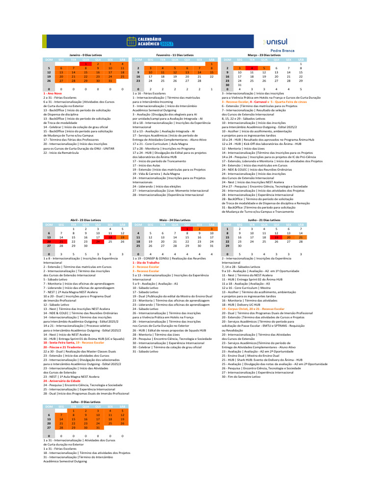 Calendario-2025 UNISUL Pedra-Branca E2A | PDF