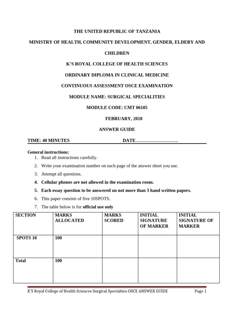 OSCE Surgical Specialities ANSWER GUIDE | PDF | Human Nose | Medical ...