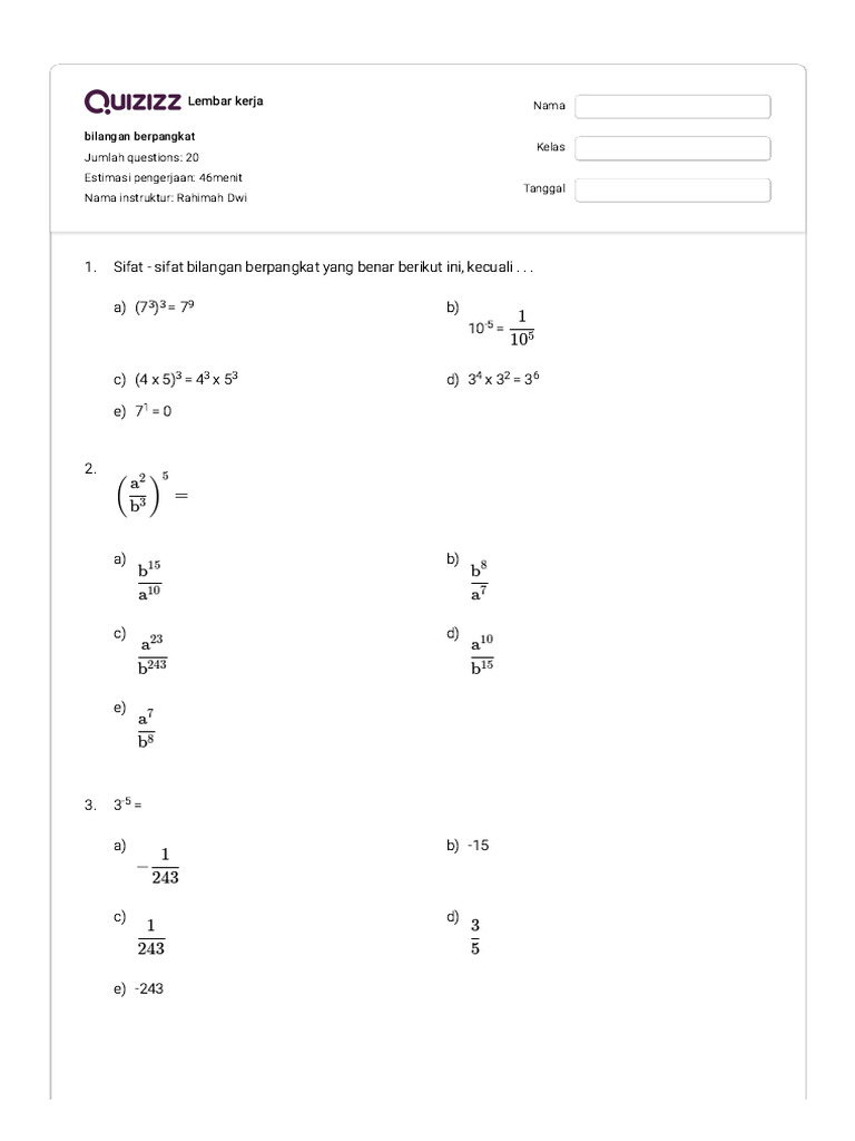 Bilangan Berpangkat - Quizizz | PDF