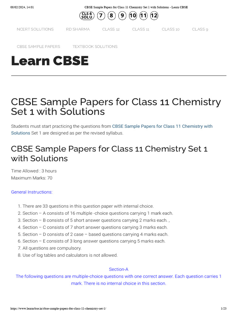 CBSE Sample Papers For Class 11 Chemistry Set 1 With Solutions - Learn ...