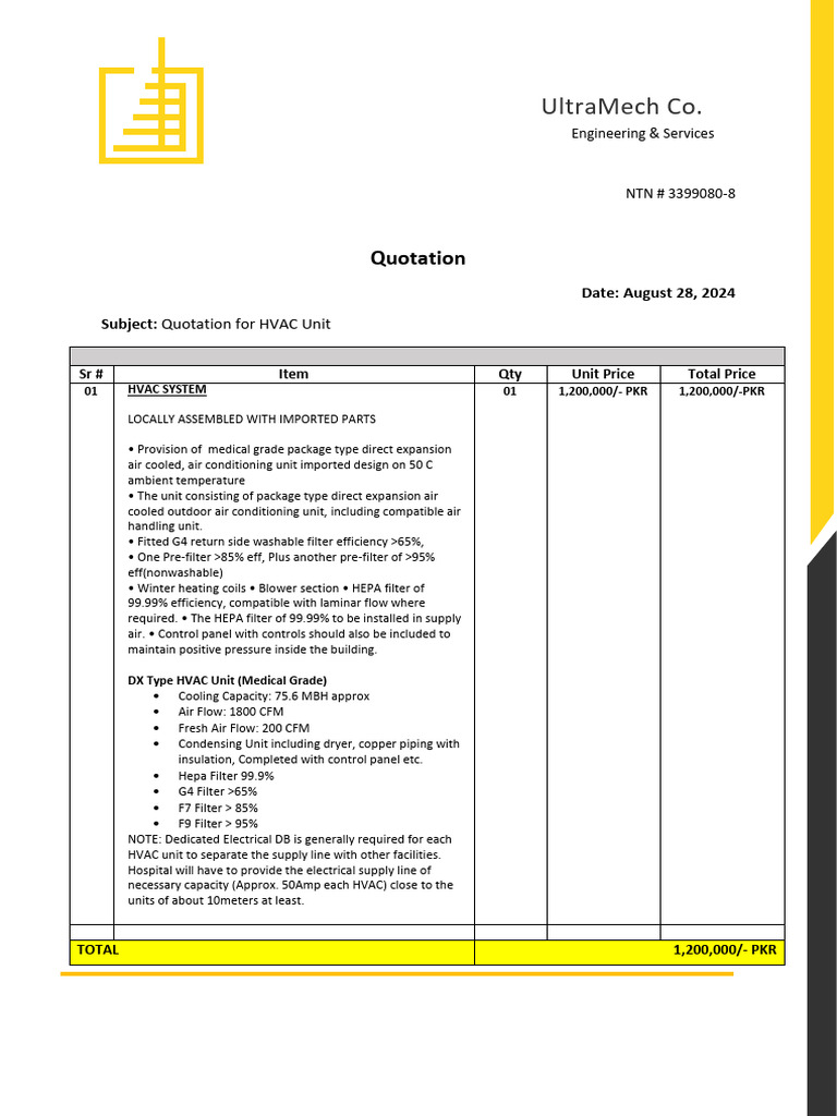 3083 - Quotation For HVAC Unit | PDF | Air Conditioning | Sustainable ...