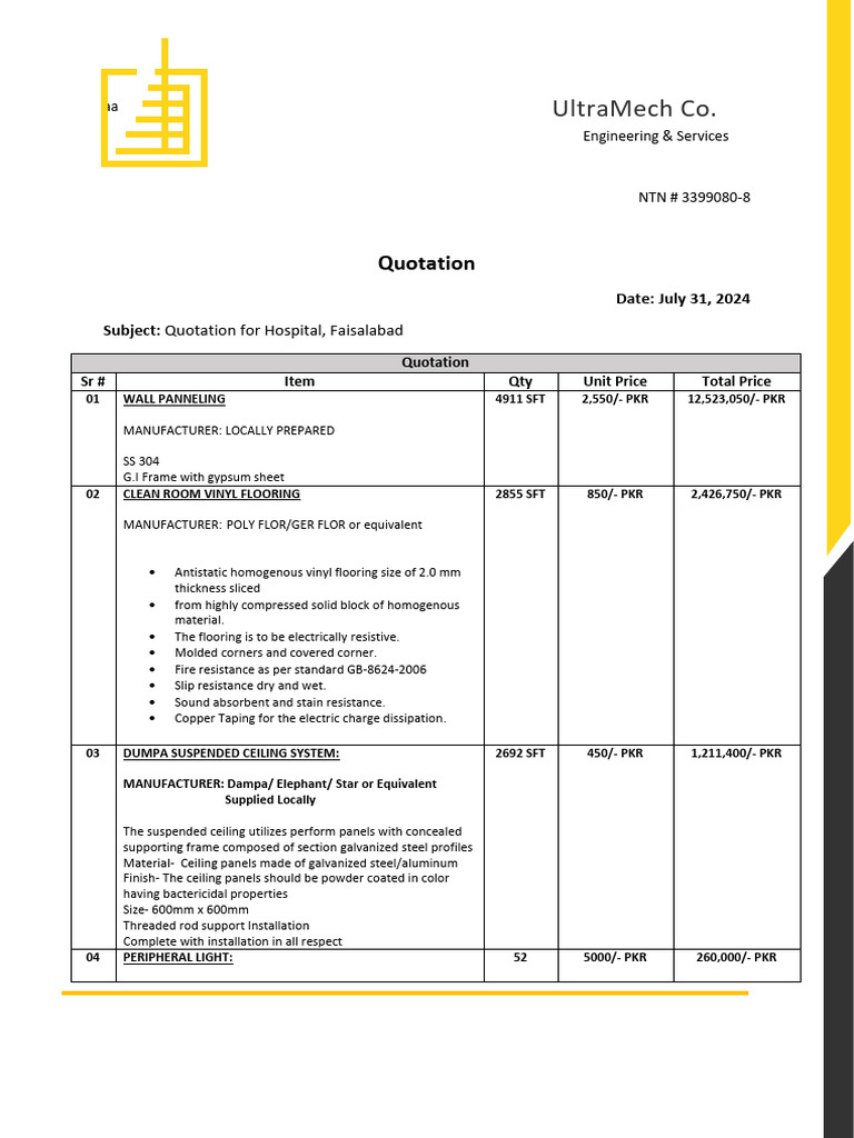 3078 - QUOTATION For Hospital, Faisalabad | PDF | Building Engineering ...