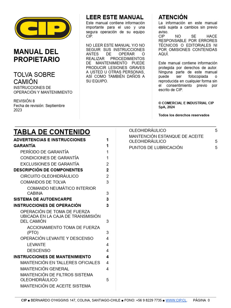 Manual de Operación y Mantención Tolvas CIP-R7 | PDF | Embrague | Camión
