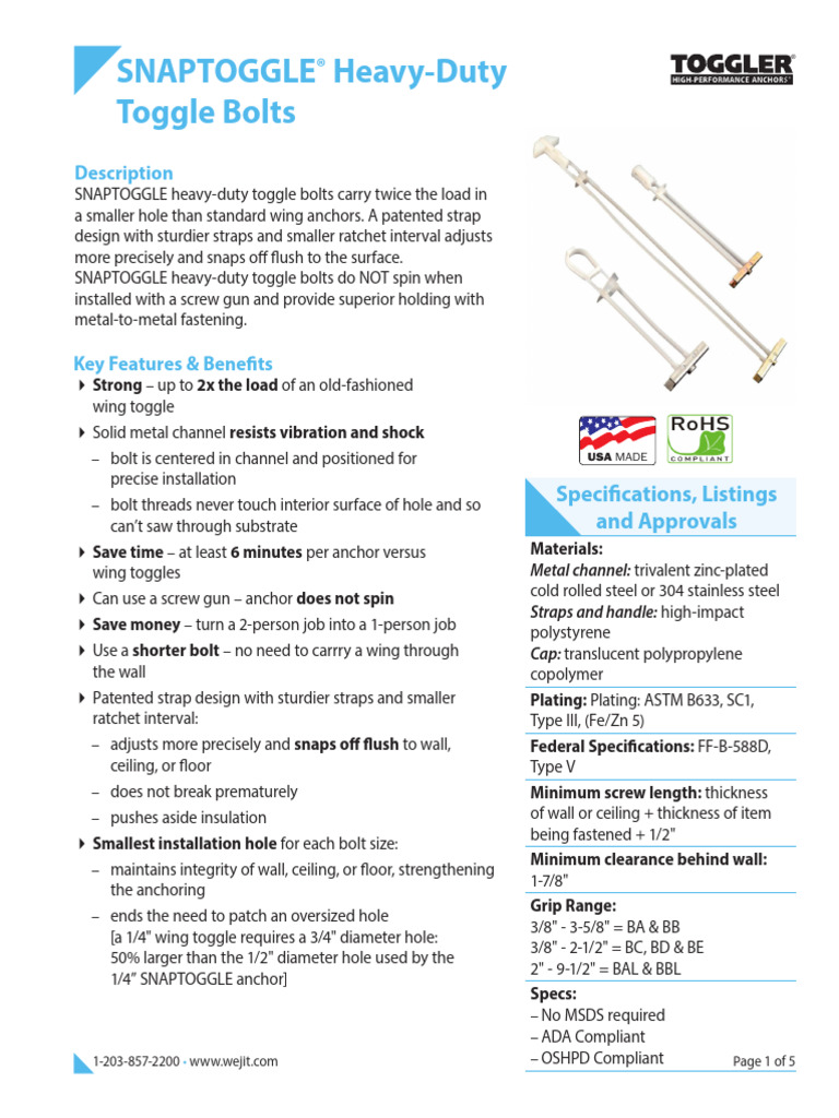 SNAPTOGGLE® Heavy Duty Toggle Bolts | PDF | Screw | Building Materials