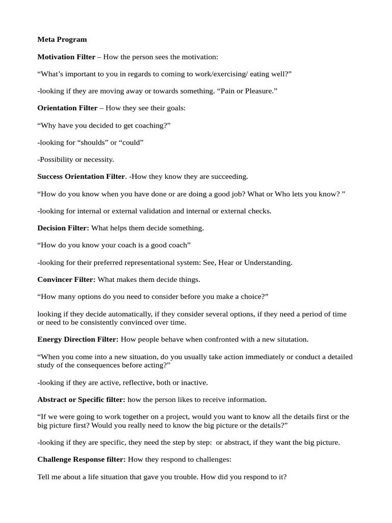 Understanding Meta Programs in Coaching | PDF | Motivation | Motivational