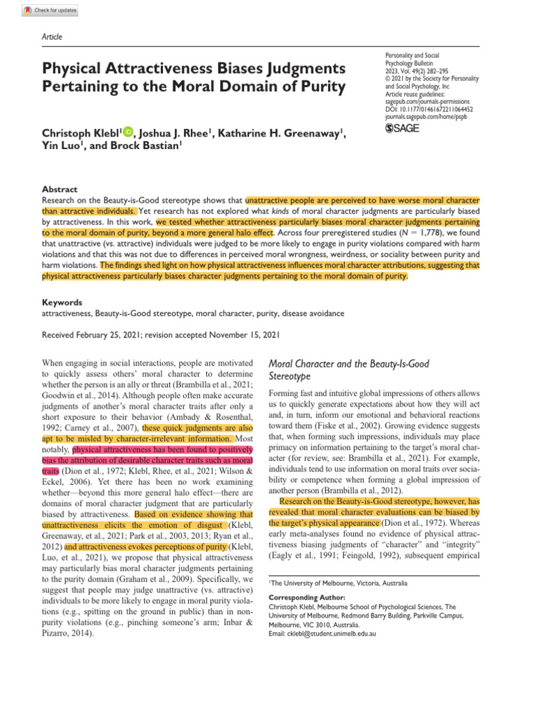 Physical Attractiveness Biases Judgments Pertaining To The Moral Domain ...