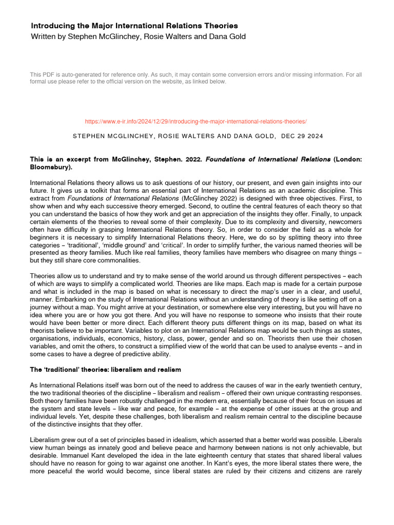 Introducing The Major International Relations Theories | PDF | Feminism ...