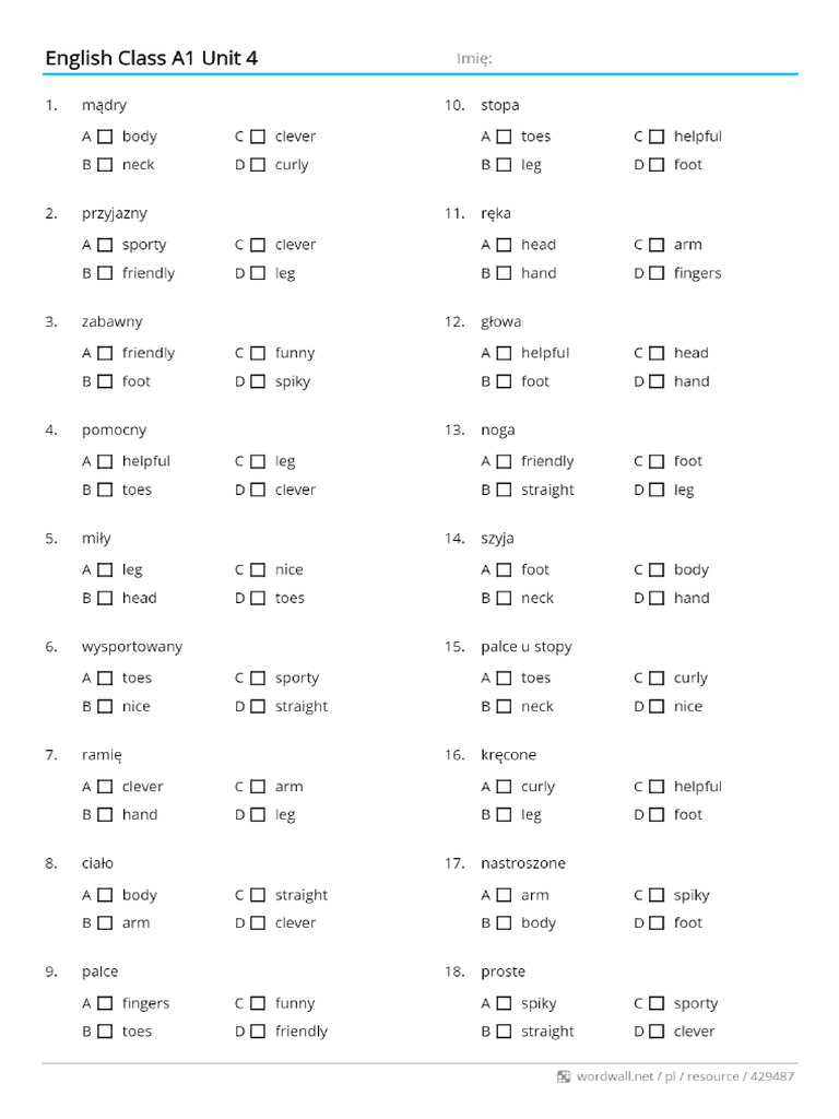 English Class A1 - Karta Pracy | PDF