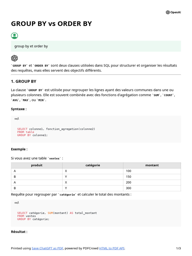 Différences entre GROUP BY et ORDER BY | PDF | SQL | Bases de données