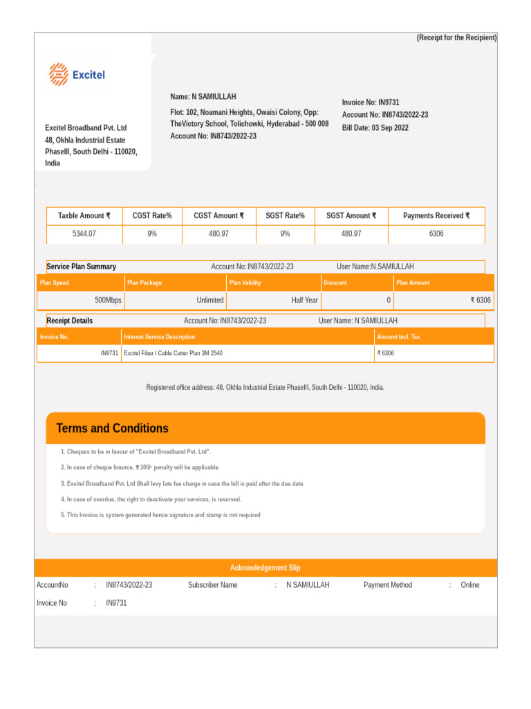 Excitel Fiber Cable Cutter Plan Invoice | PDF | Receipt | Cheque