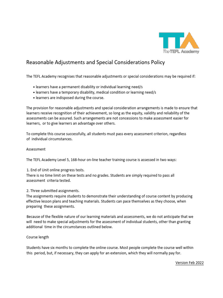 Reasonable Adjustments and Special Considerations Policy February 2022 ...