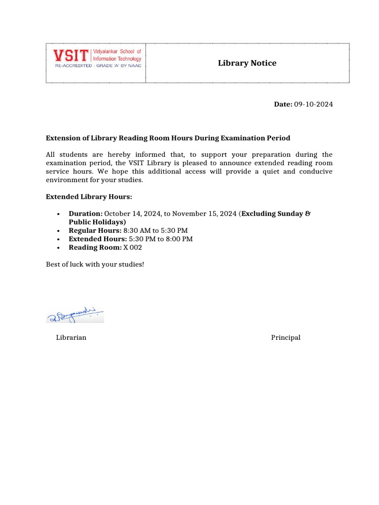lIBRARY NOTICE For Extending Hours | PDF