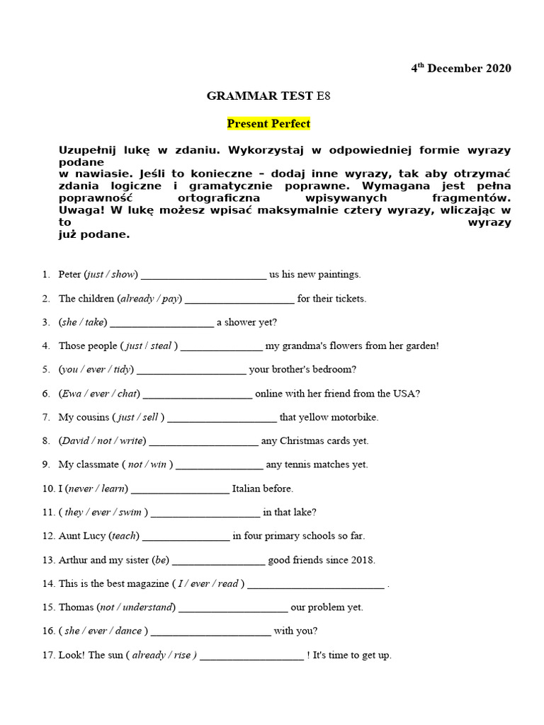 Present Perfect Test E8 | PDF