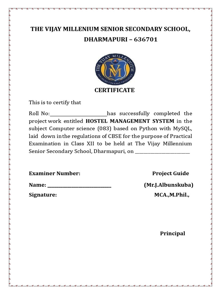 Hostel Management System Project Certificate | PDF