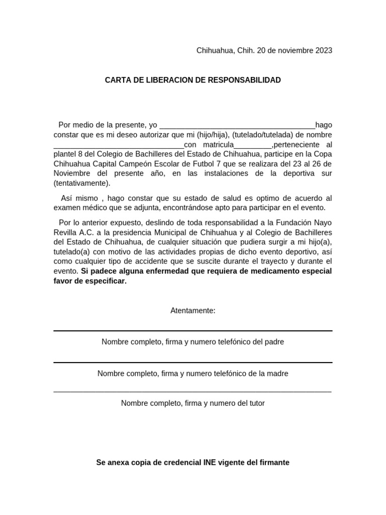 Carta de Liberacion de Responsabilidad | PDF
