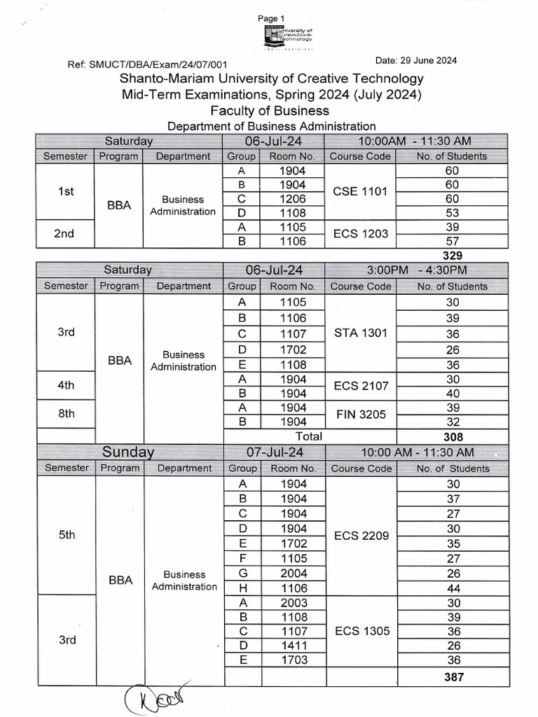 Spring_24_Mid_Term_Exam_Schedule(BBA) | PDF